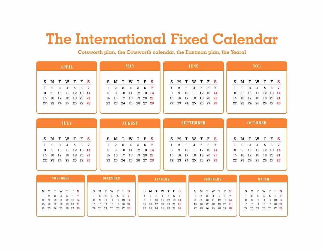 13-month Printable Calendar: 28-day Calendar, April-march (SVG/PDF/PNG ...