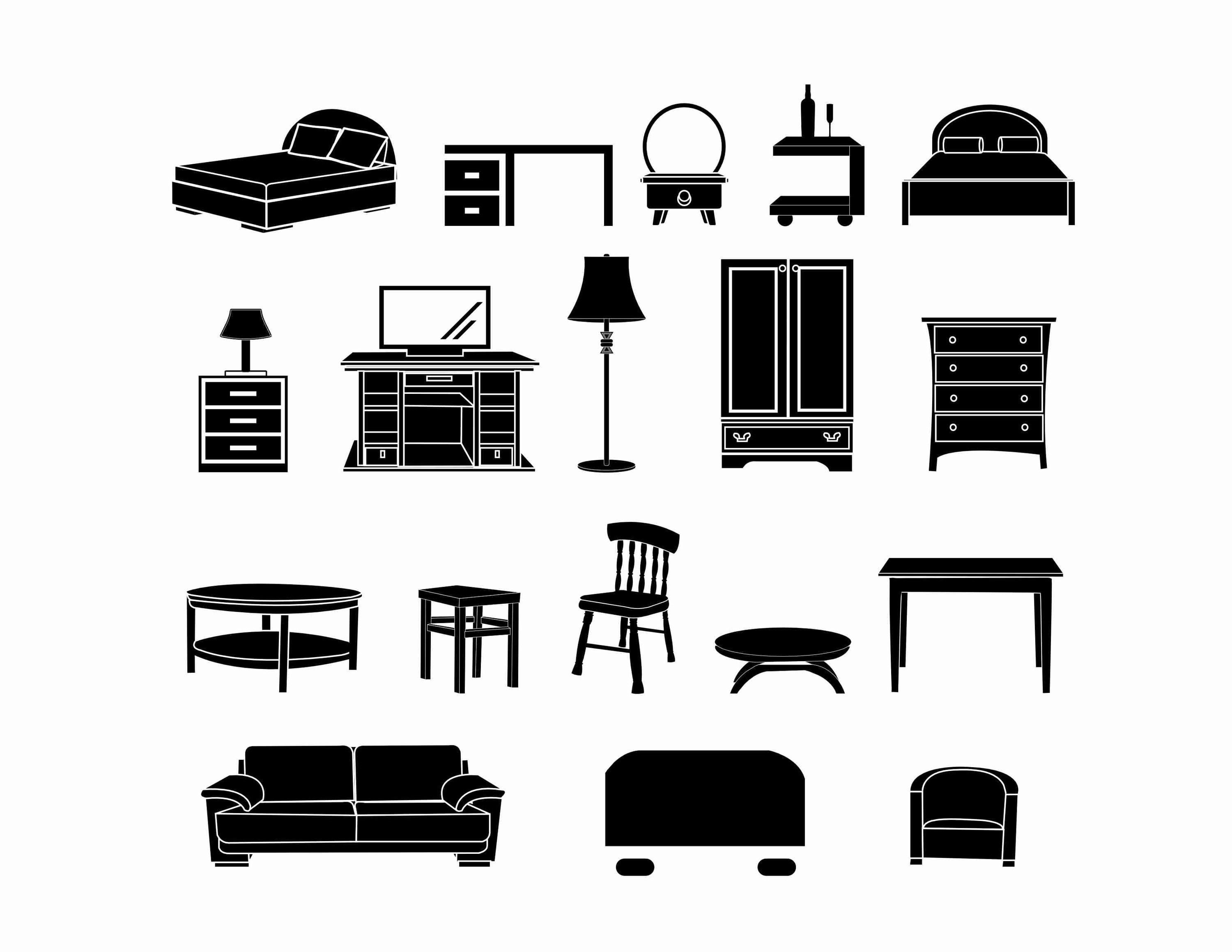 Home Furniture Icons SVG Bundle: Black & White Interior Design (digital ...