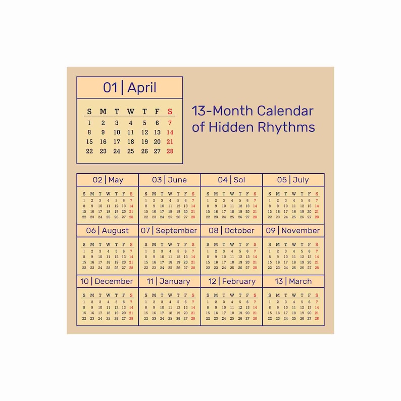 13-month 28-day Printable Calendar • Hidden Rhythms • Perpetual ...