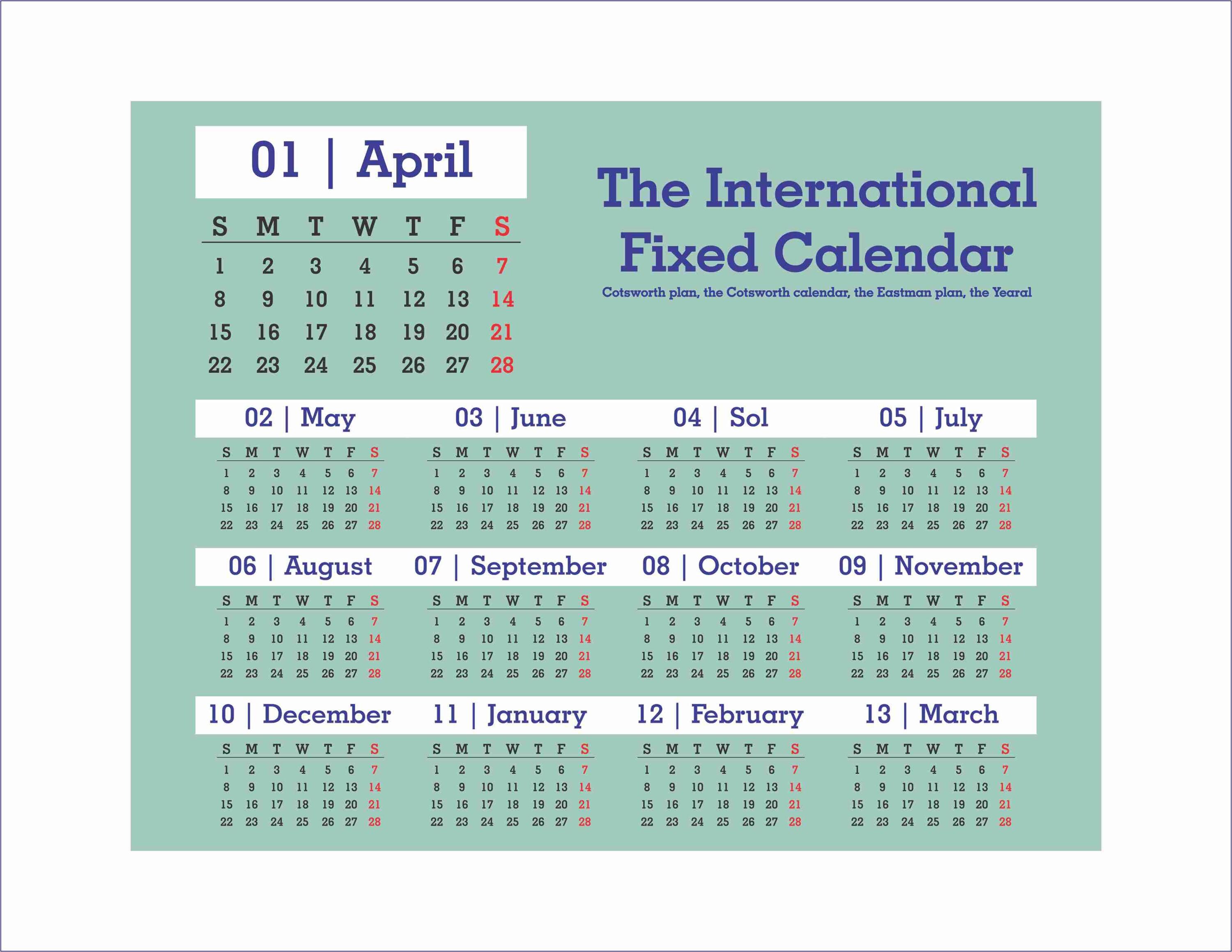 13-month Printable Calendar: 28-day Calendar, April-march (SVG/PDF/PNG ...