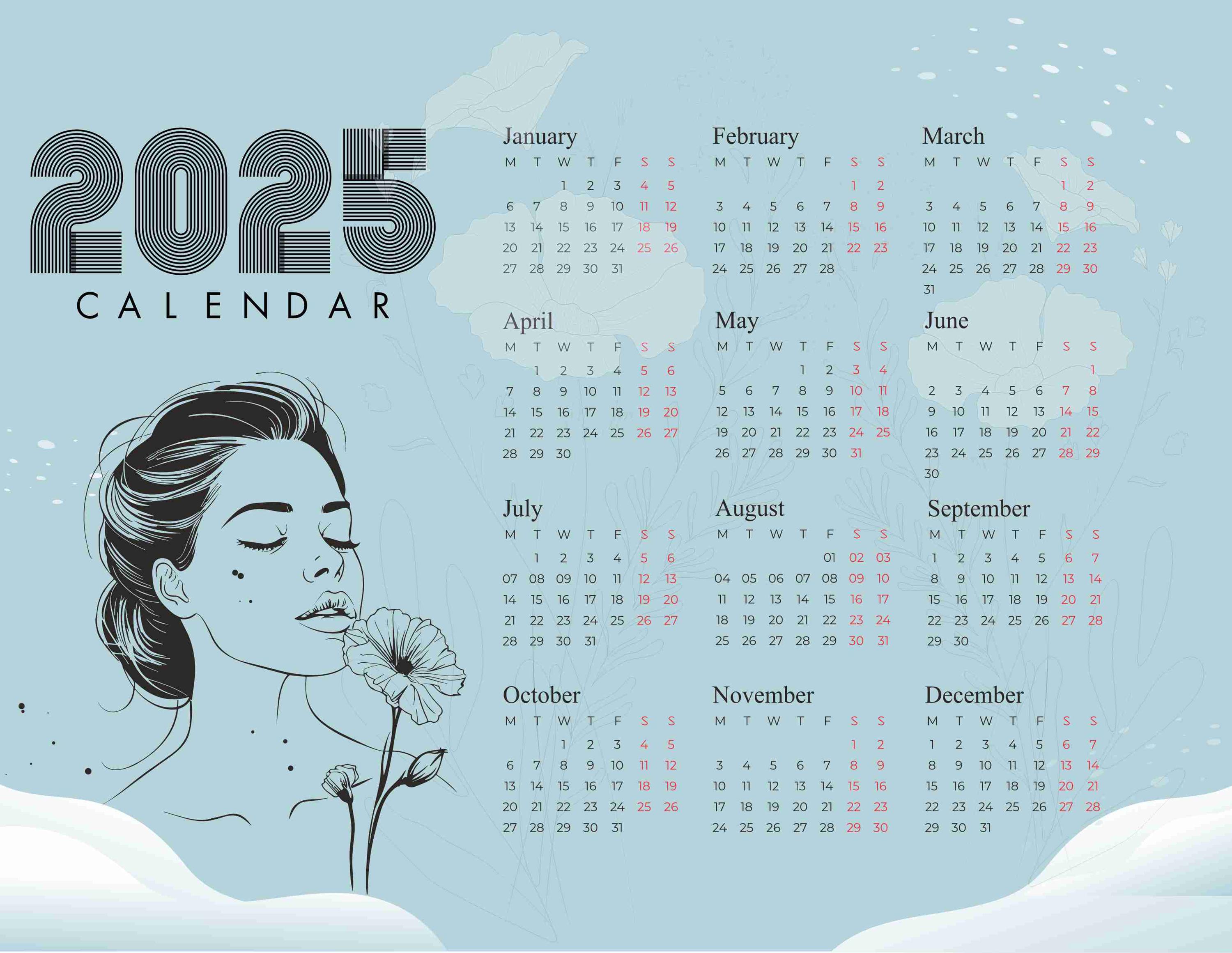 2025 Calendar Printable PDF | Feminine Floral Wall Calendar | Line Art ...