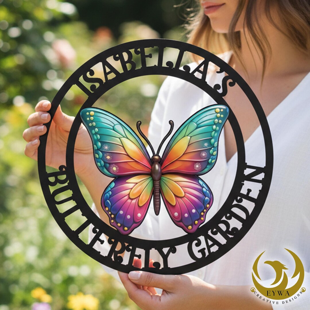 Custom Rainbow Butterfly Metal Hanging, Butterfly Garden Name Sign ...