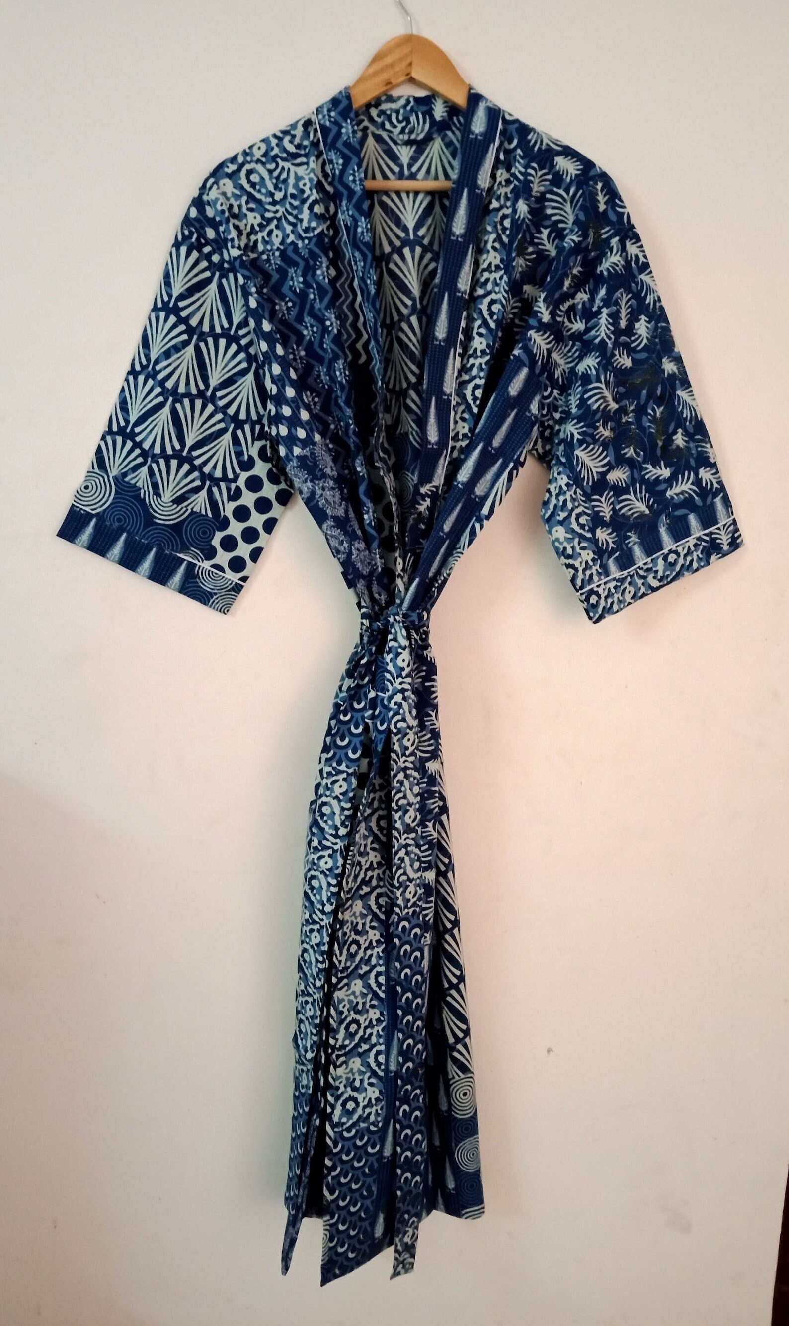 EXPRESS DELIVERY Cotton Kimono Robes, Indigo Patchwork Print Kimono ...