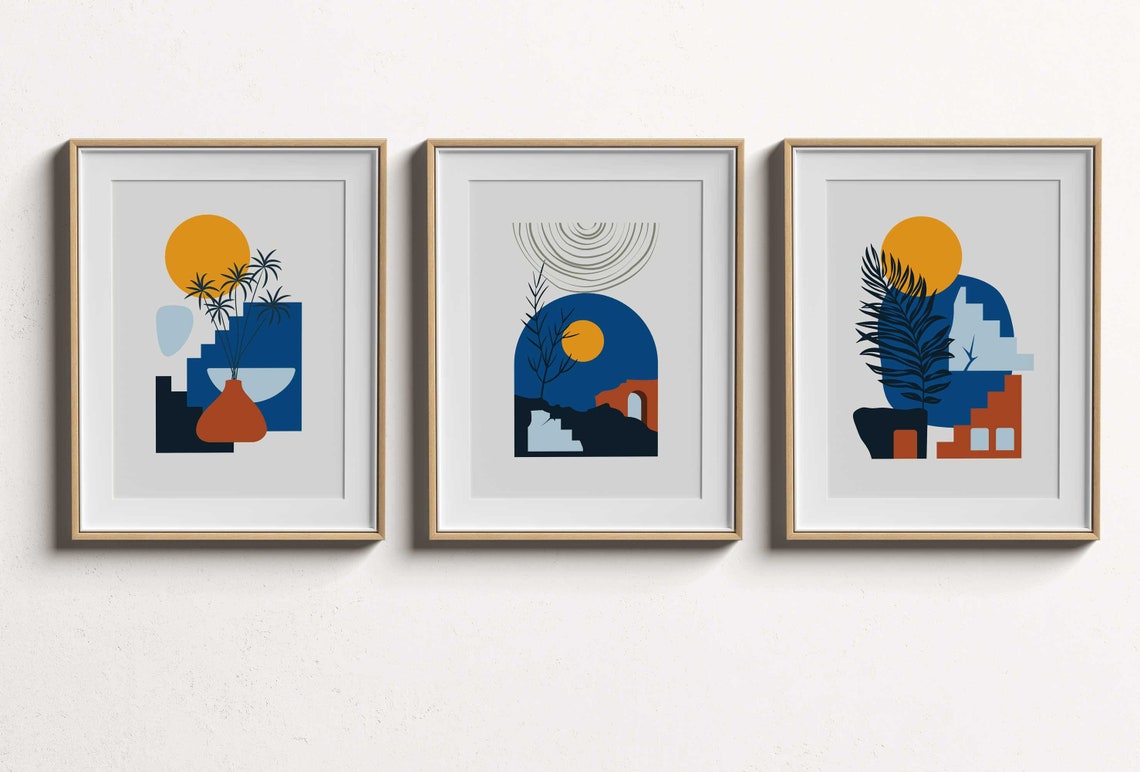 Boho Art Set of 3 Prints, Indigo & Honeycomb Boho Wall Art, Abstract Gallery Wall Set, Printable ...