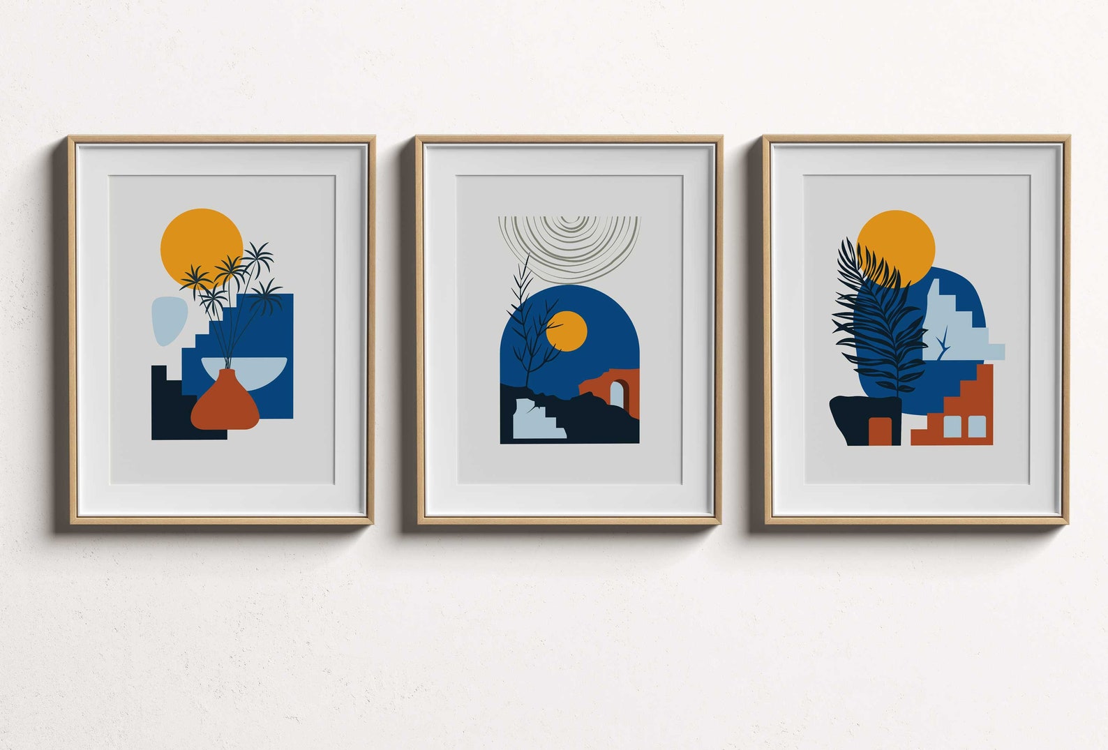 Boho Art Set of 3 Prints, Indigo & Honeycomb Boho Wall Art, Abstract Gallery Wall Set, Printable ...