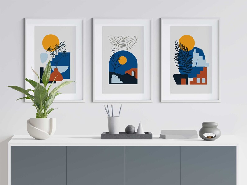 Boho Art Set of 3 Prints, Indigo & Honeycomb Boho Wall Art, Abstract Gallery Wall Set, Printable ...