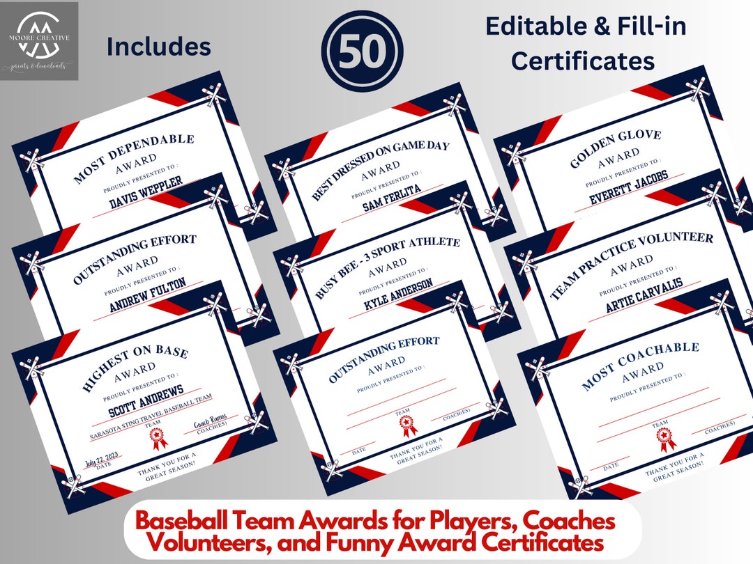 Award Certificates, Baseball Awards, 50 Editable or Fill in the Blank ...