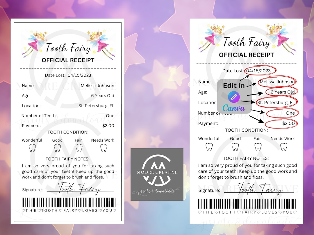 Tooth Fairy Receipt, Printable Certificate, First Tooth Lost, Realistic ...