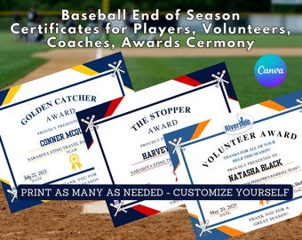 175 Editable Baseball Award Certificates, Baseball Team Awards, End of ...