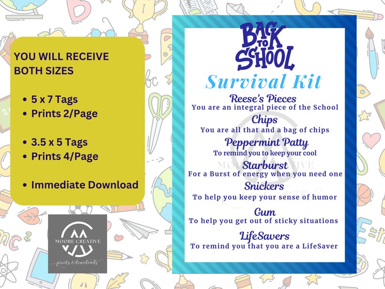 Back to School Survival Kit, Gift Tags, First Day of School, Back 2 ...