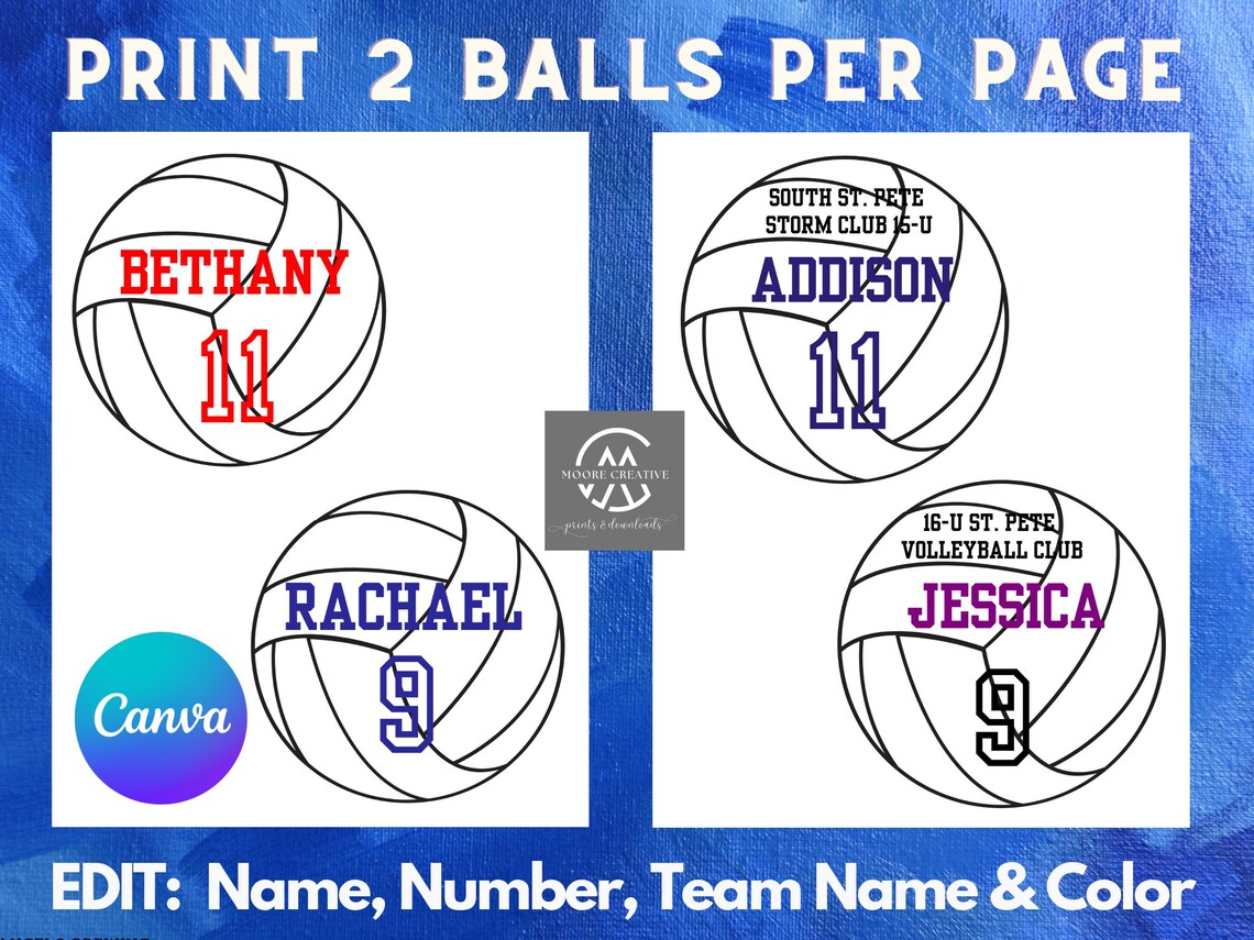 5 Volleyballs Editable Names and Player Numbers DIY - Etsy