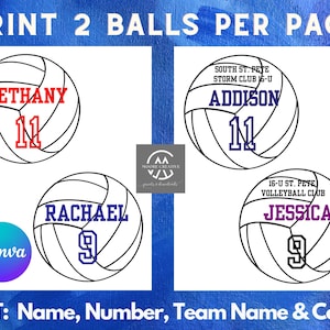 Volleyballs Prints 5" Editable Names and Player Numbers DIY Template ...