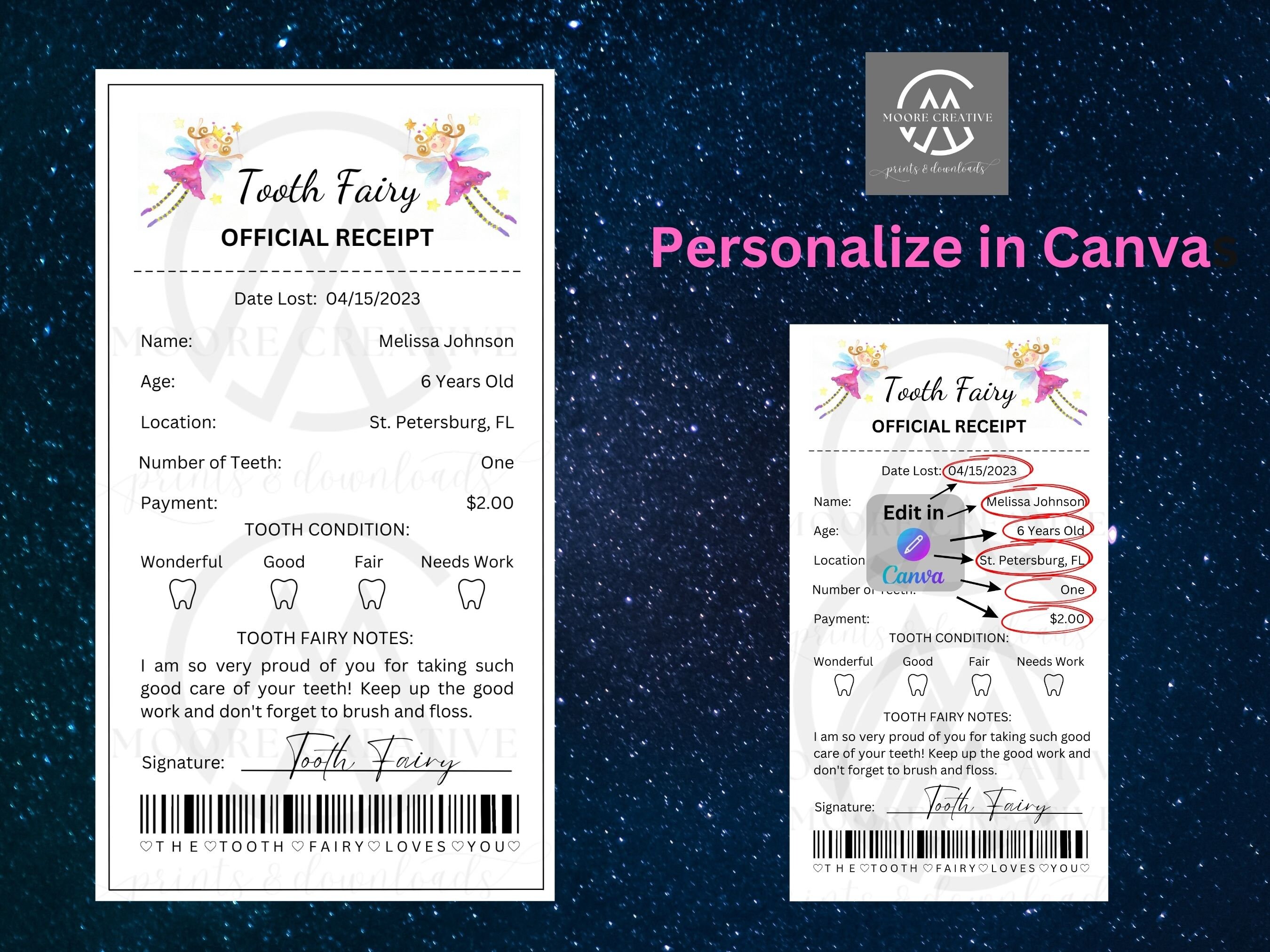 Tooth Fairy Receipt, Printable Certificate, First Tooth Lost, Realistic ...