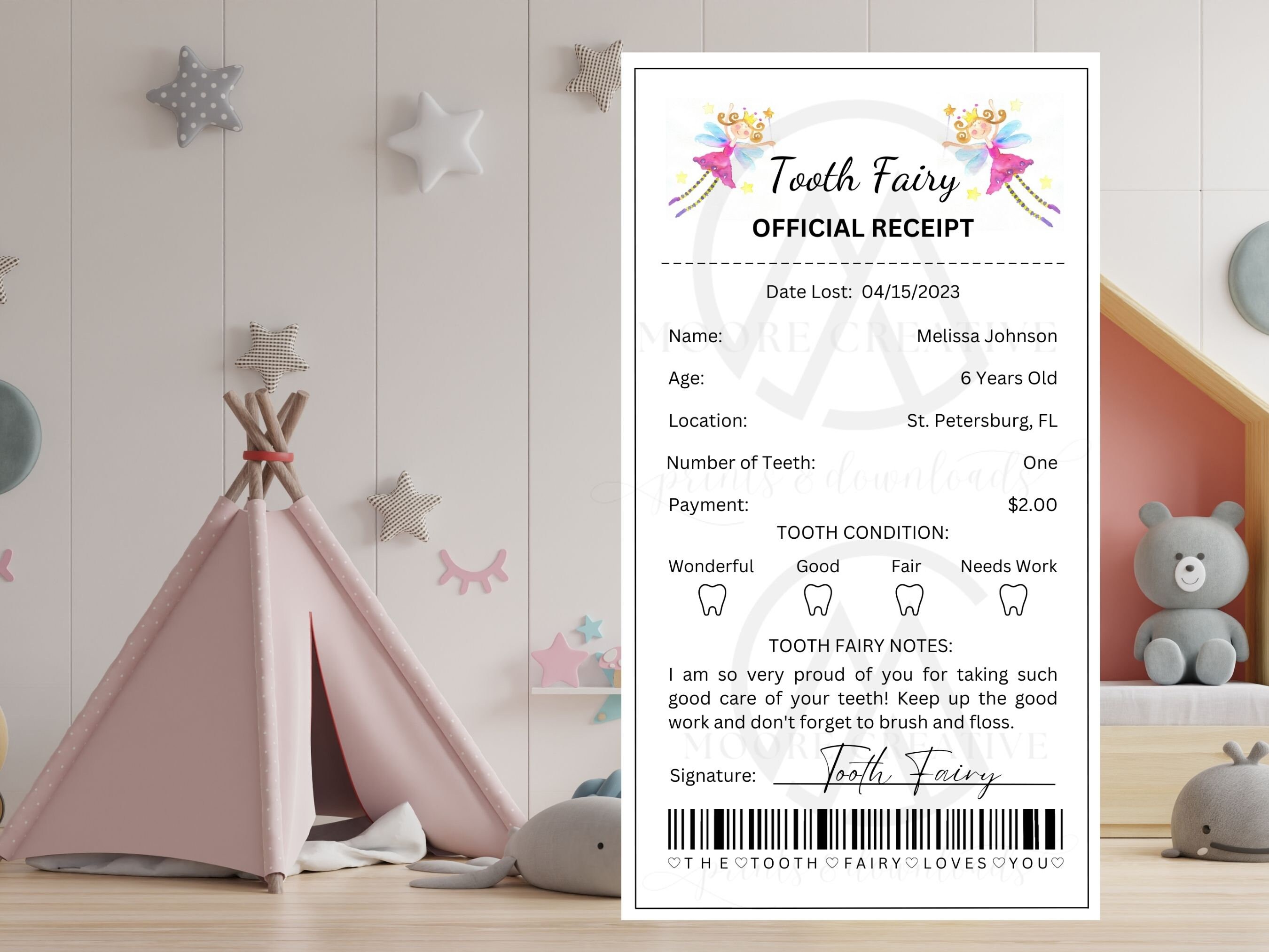 Tooth Fairy Receipt, Printable Certificate, First Tooth Lost, Realistic ...