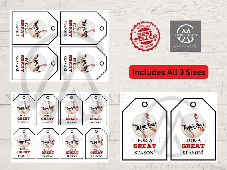 Baseball Favor Tags - 3 Different Baseball Sizes Thanks for a Great ...