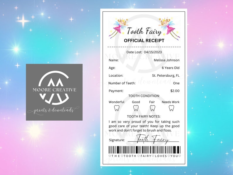 Tooth Fairy Receipt, Printable Certificate, First Tooth Lost, Realistic ...