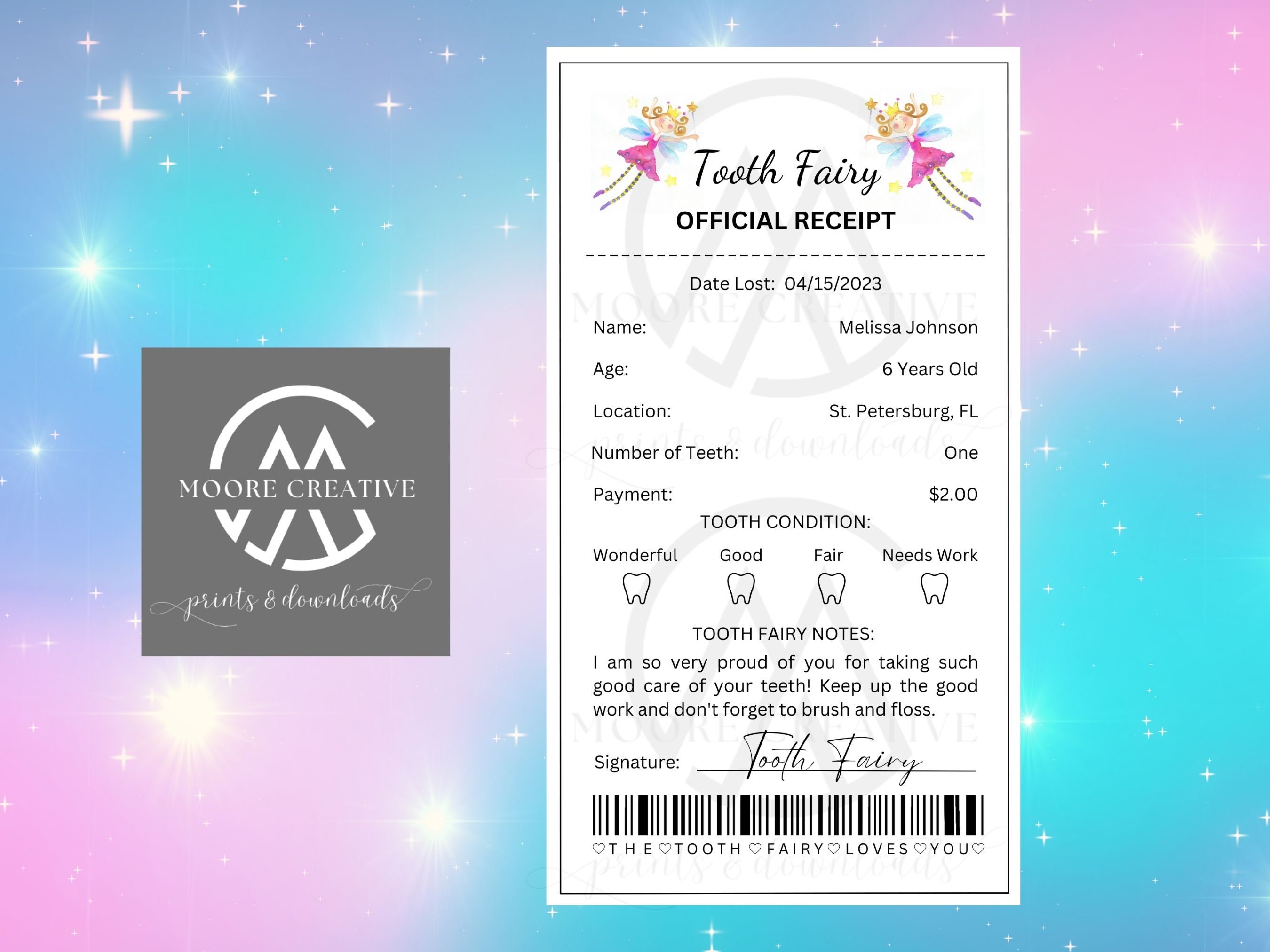 Tooth Fairy Receipt, Printable Certificate, First Tooth Lost, Realistic ...
