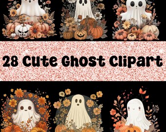 Watercolor Ghost Clipart, 25 PNG Halloween Clipart Bundle, Cute Ghost ...
