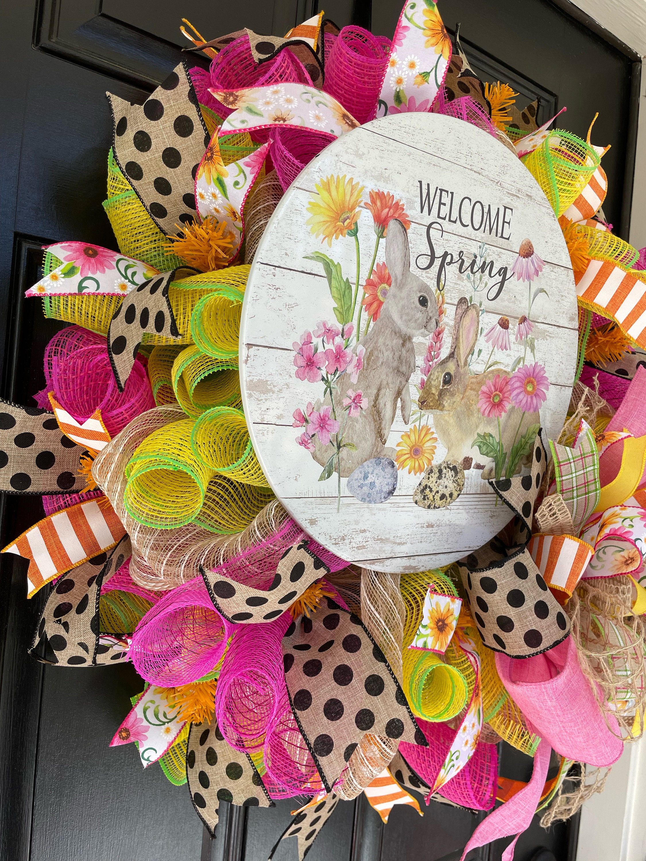Welcome Spring Bunny Wreath, Eastern Bunny Wreath, Whimsical Front Door ...