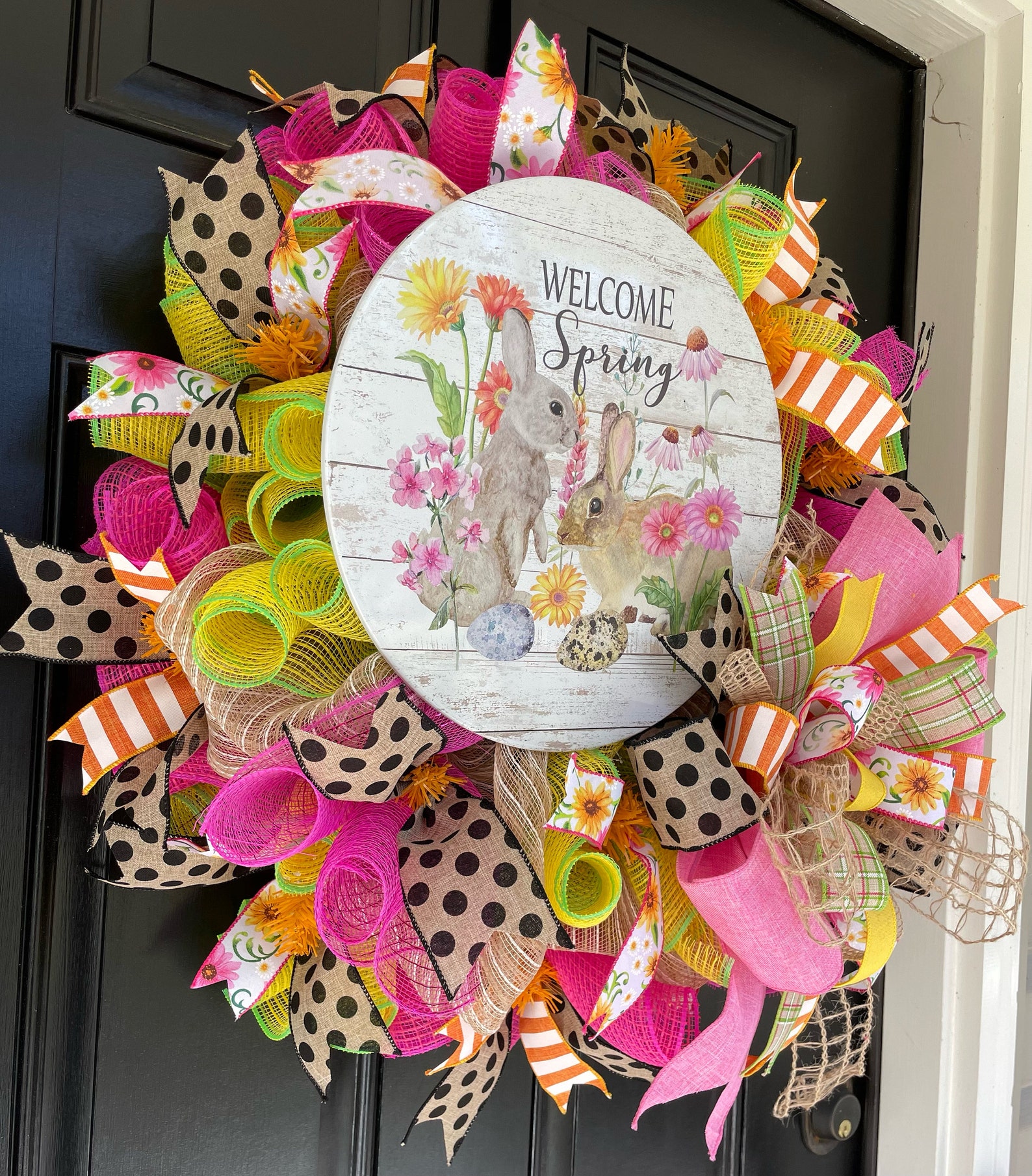 Welcome Spring Bunny Wreath, Eastern Bunny Wreath, Whimsical Front Door ...