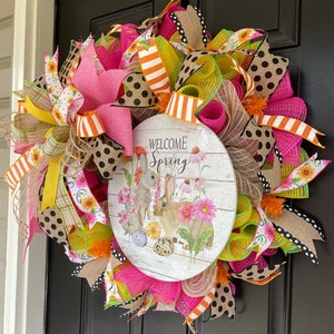 Welcome Spring Bunny Wreath, Eastern Bunny Wreath, Whimsical Front Door ...