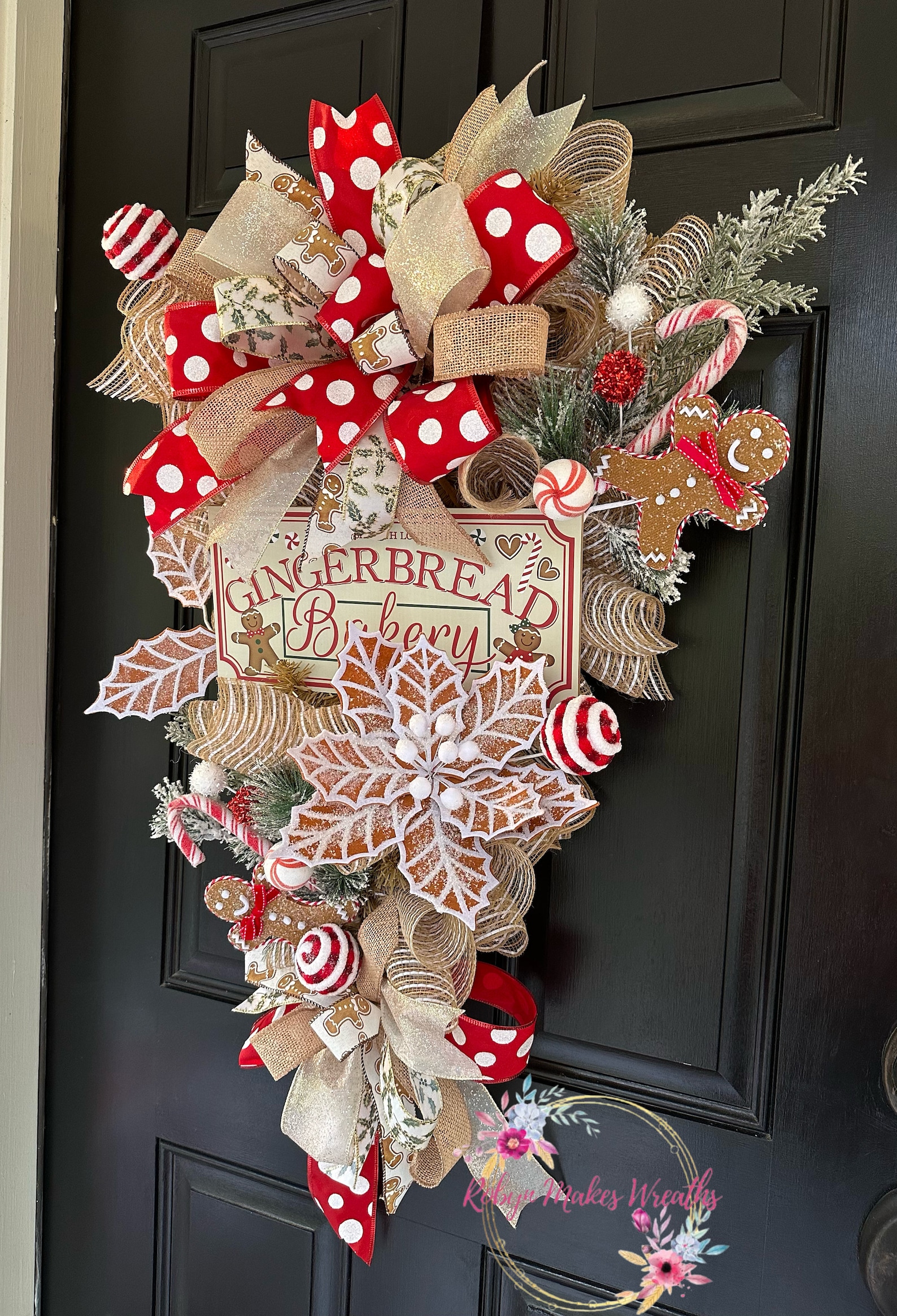 Gingerbread Bakery and Poinsettia Holiday Door Swag; Gingerbread ...