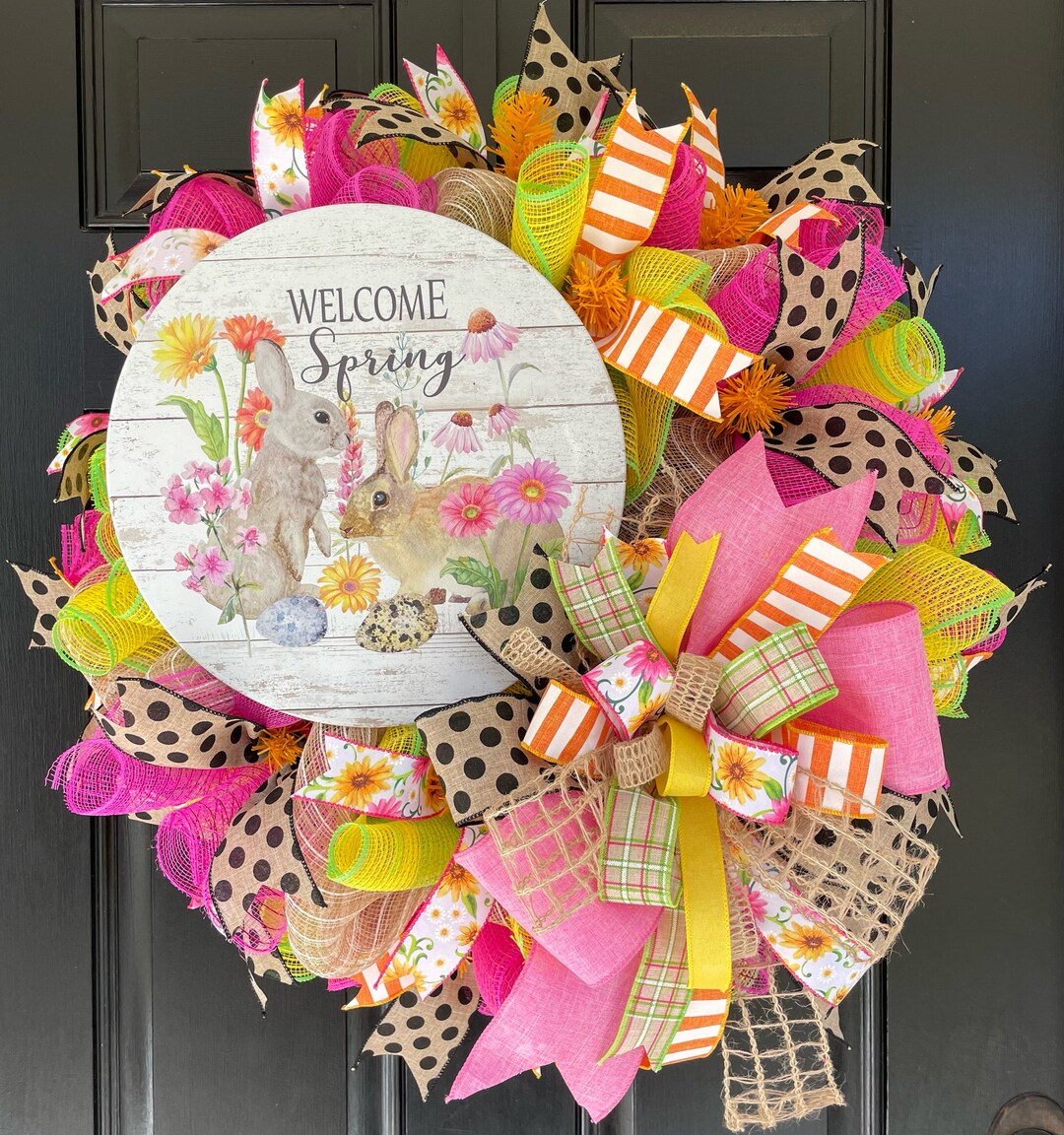 Welcome Spring Bunny Wreath, Eastern Bunny Wreath, Whimsical Front Door ...