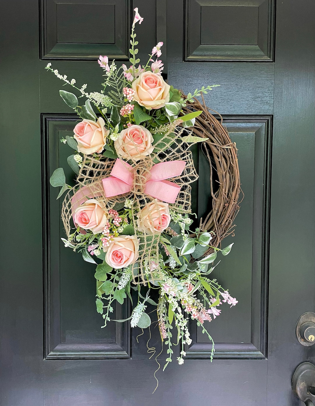 Pink Rose Front Door Wreath, Summer Rose Grapevine Wreath, Creamy Prach ...