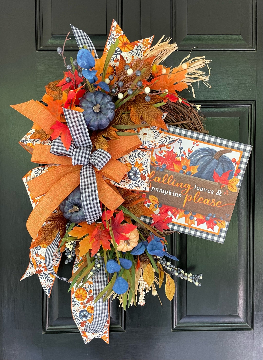 Fall Blue Pumpkin and Orange Leaves Grapevine Wreath; Elegant "falling ...