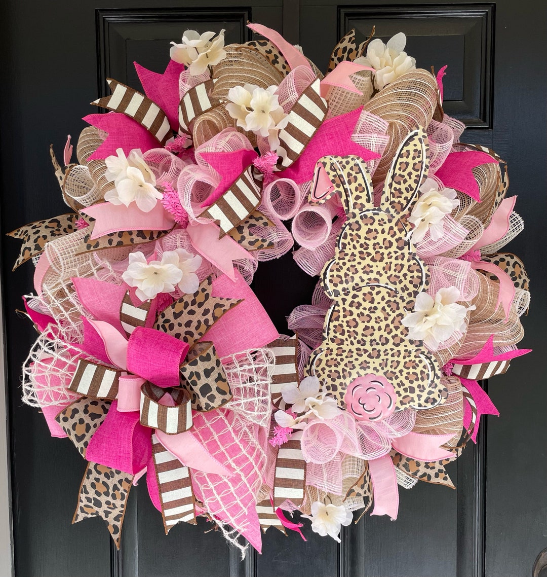 Easter Bunny Front Door Wreath, Cheetah Print Bunny Wreath, Easter ...