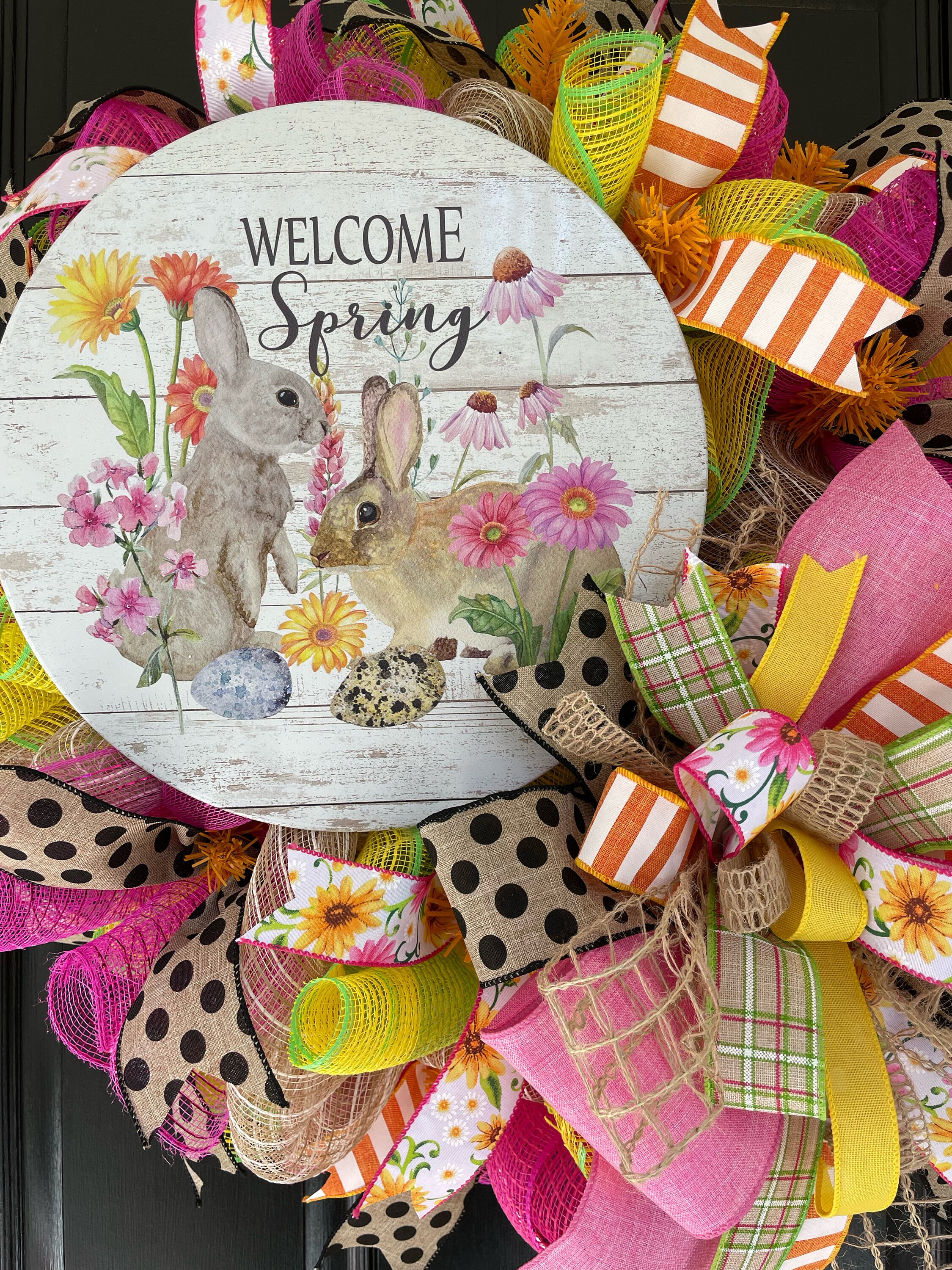 Welcome Spring Bunny Wreath, Eastern Bunny Wreath, Whimsical Front Door ...