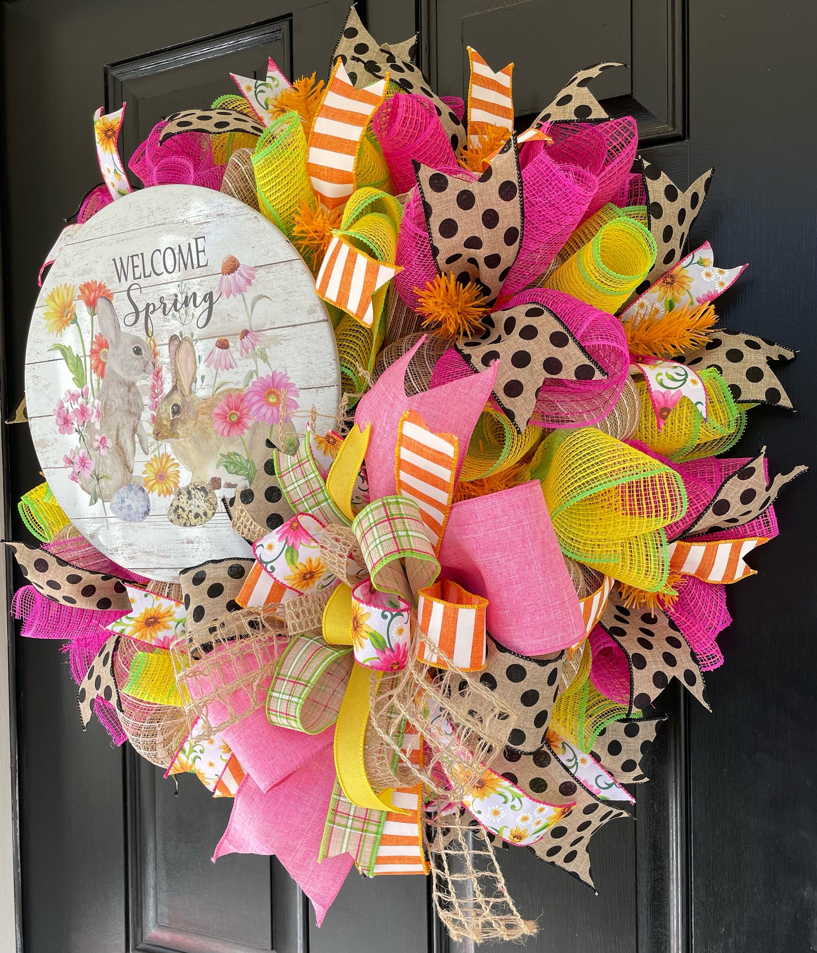 Welcome Spring Bunny Wreath, Eastern Bunny Wreath, Whimsical Front Door ...