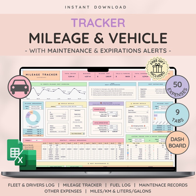 Vehicle & Mileage Tracker Log With Expenses, Fuel, Maintenance Tracker ...