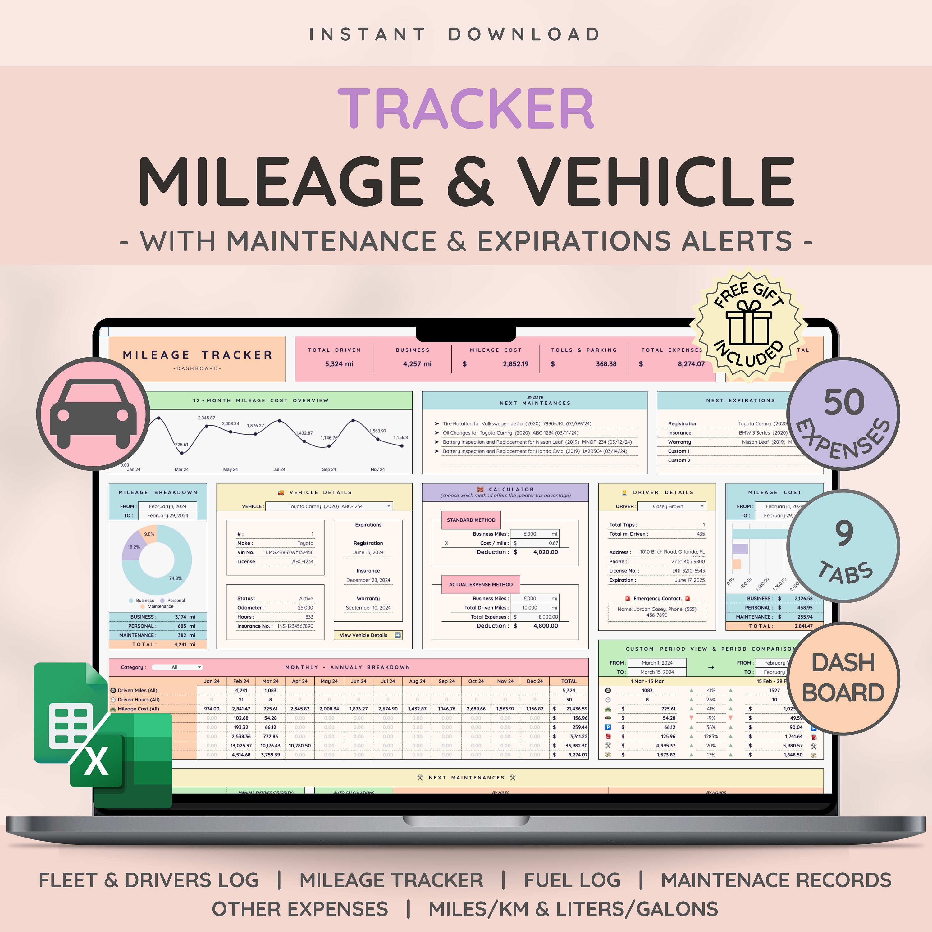 Vehicle & Mileage Tracker Log With Expenses, Fuel, Maintenance Tracker ...