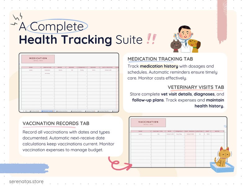 Pet Health Tracker Spreadsheet Google Sheets Dog Cat Care Planner Vet ...