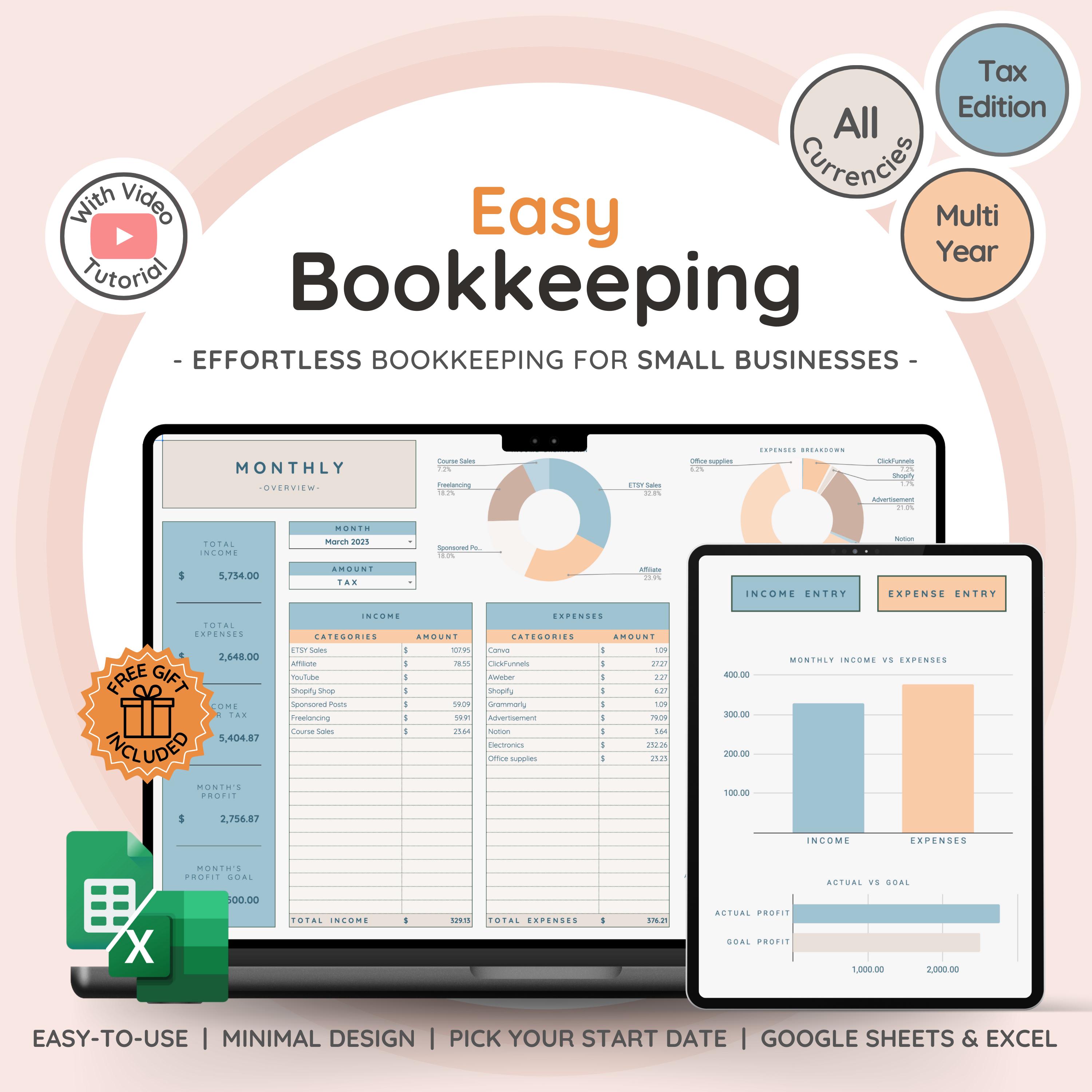 Bookkeeping Template for Business Accounting Sales Tracker Tax Planner ...