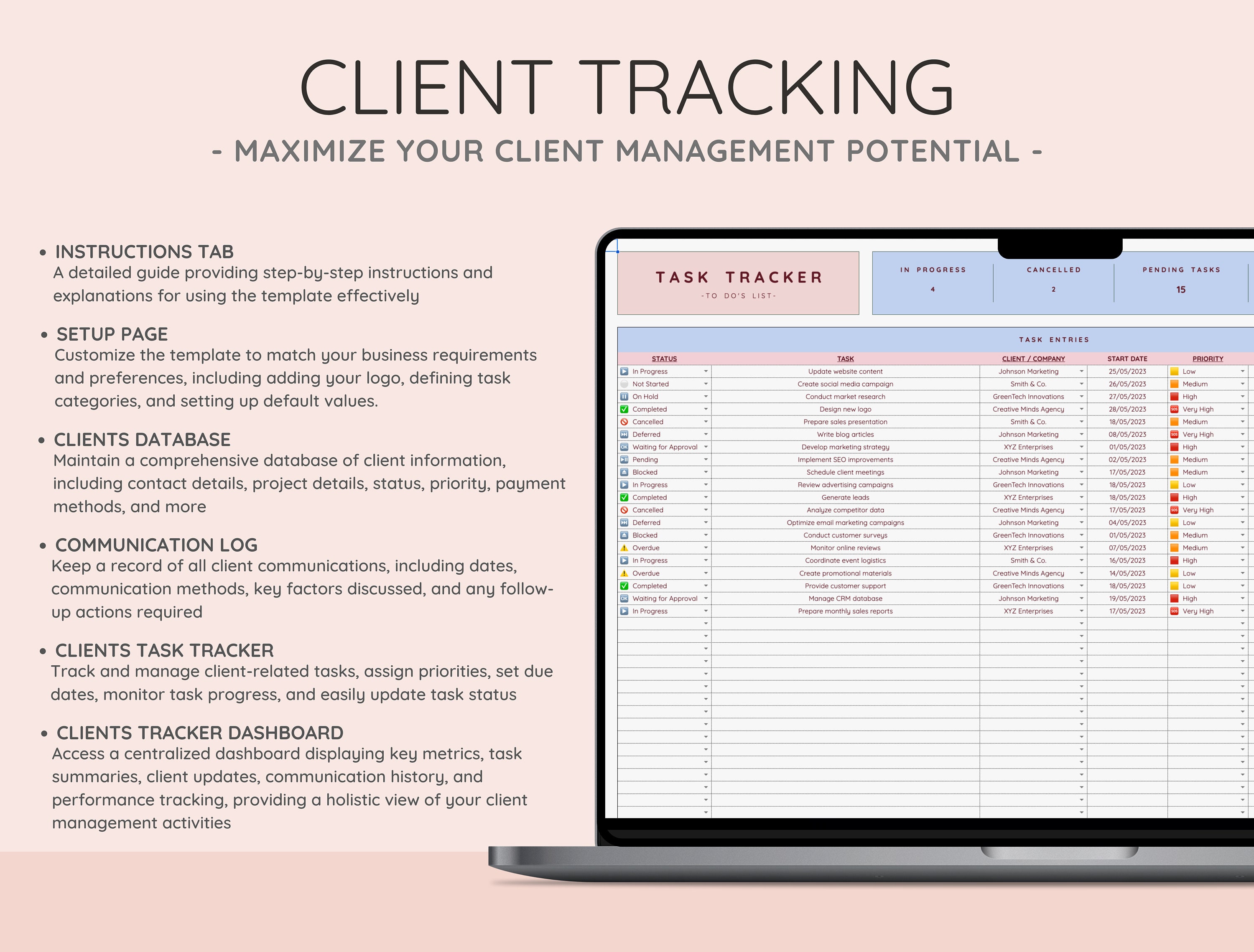 Client & Task Tracker Business Planner Spreadsheet - Etsy