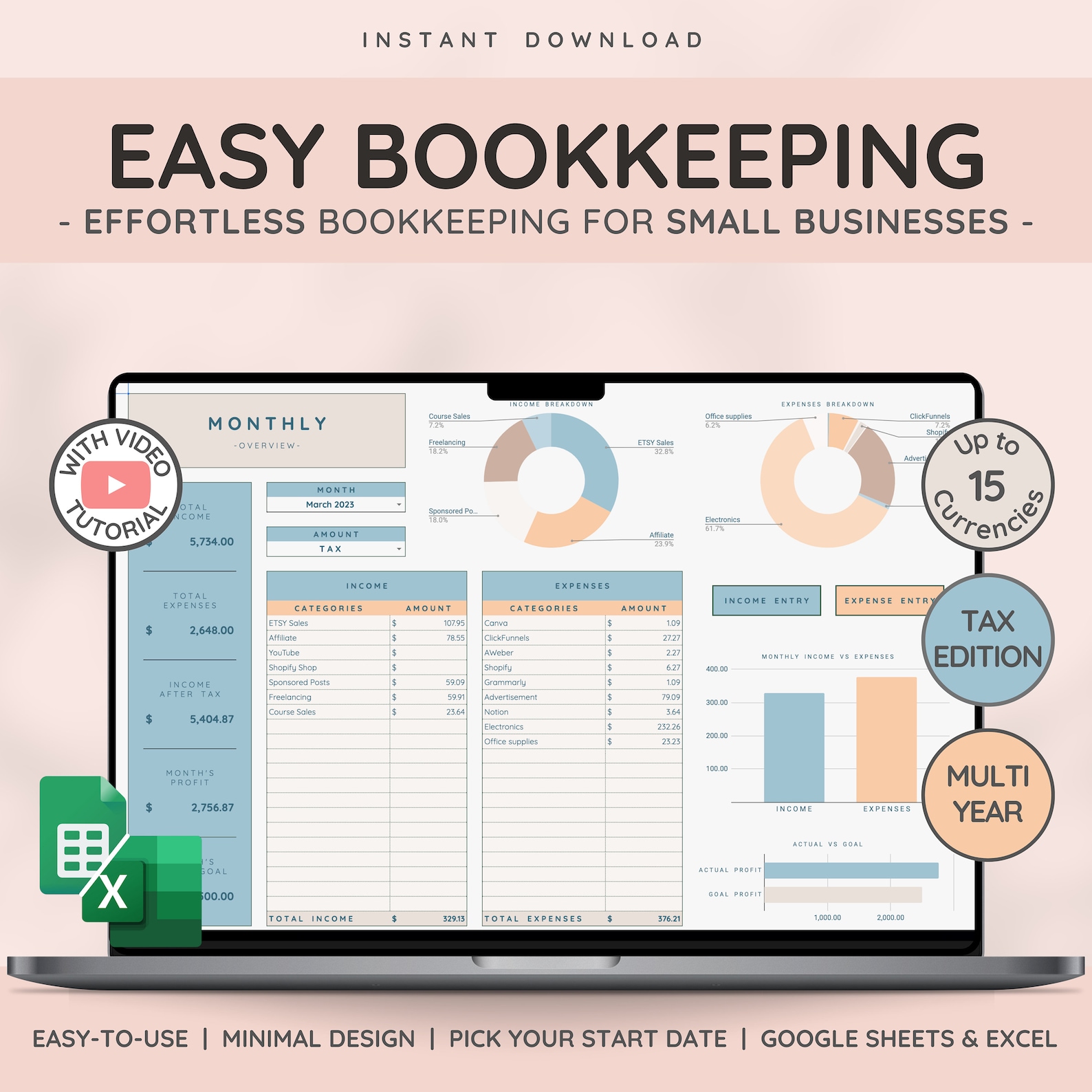 Bookkeeping Template for Business Accounting Sales Tracker Tax Planner ...