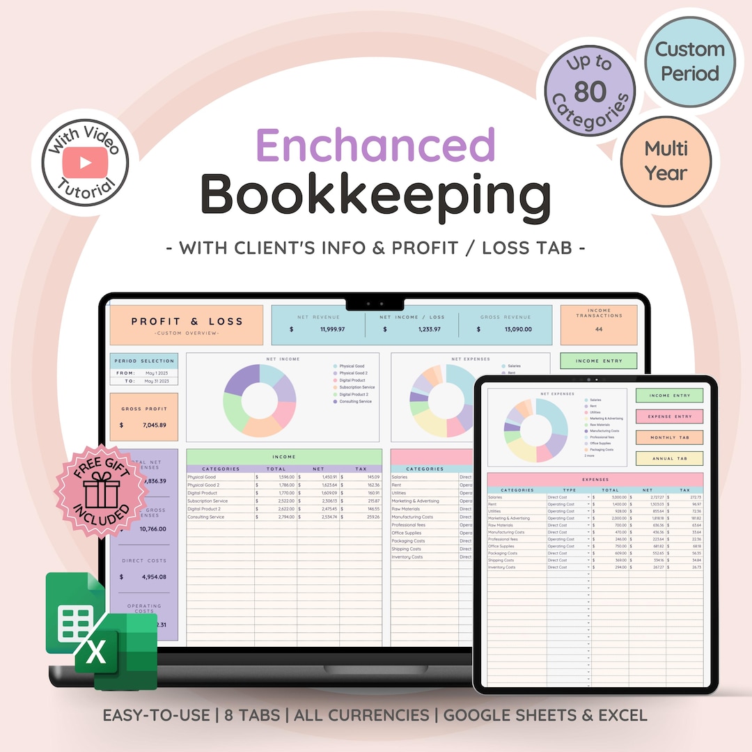 Profit and Loss Easy Bookkeeping Template & Business Spreadsheet With ...
