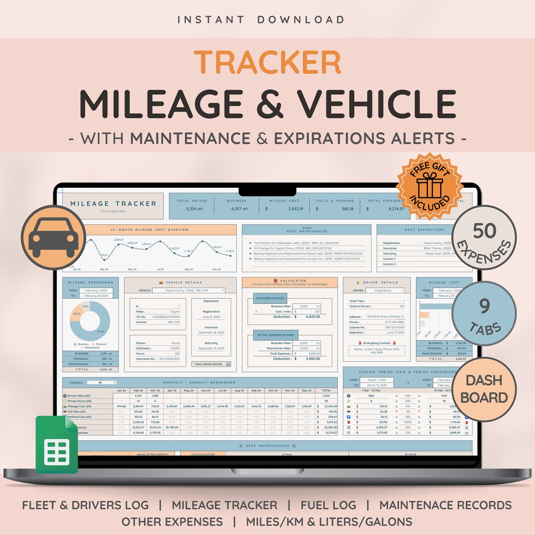 Vehicle & Mileage Tracker Log With Expenses, Fuel, Maintenance Tracker ...