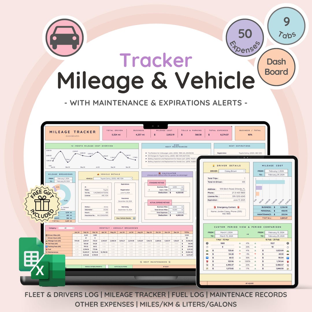 Vehicle & Mileage Tracker Log With Expenses, Fuel, Maintenance Tracker ...