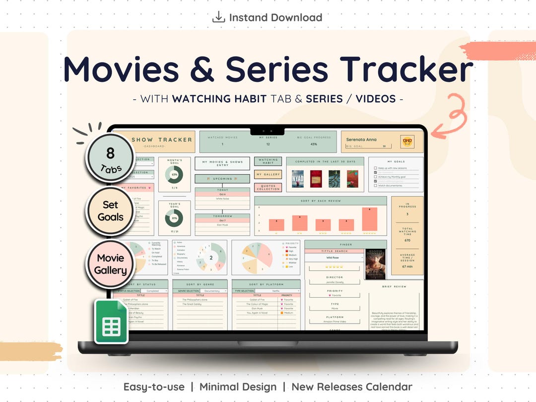 Film Journal Tracker Google Sheets Movie Series Log Digital Watchlist ...