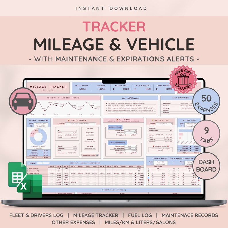 Vehicle & Mileage Tracker Log With Expenses, Fuel, Maintenance Tracker ...