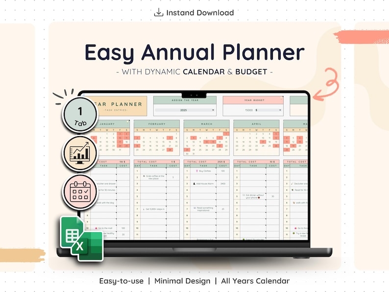 Annual Planner Google Sheets & Excel – Yearly Task Tracker Calendar ...