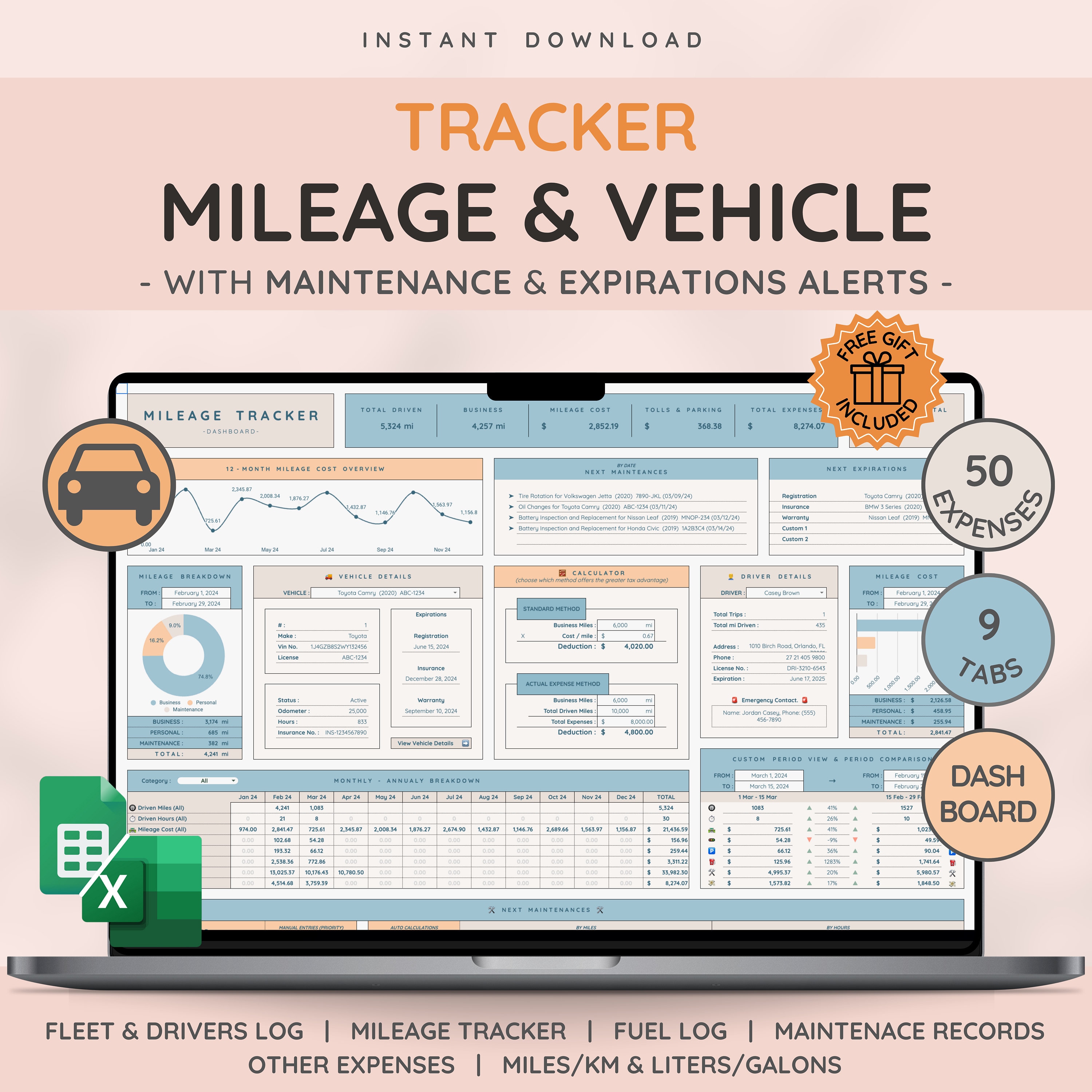 Vehicle & Mileage Tracker Log With Expenses, Fuel, Maintenance Tracker ...