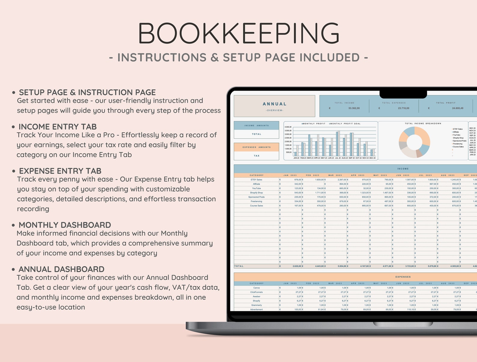Excel Bookkeeping Template for Small Businesses | Easy Bookkeeping ...
