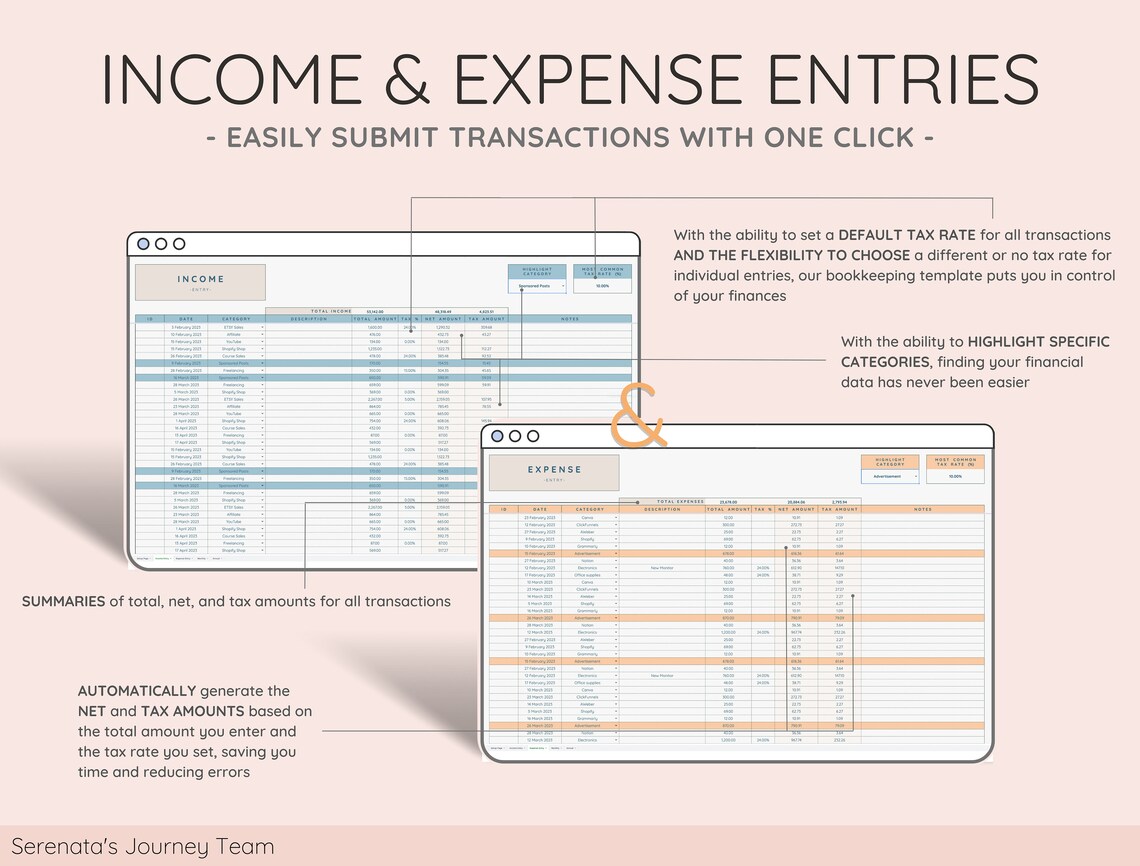 Bookkeeping Template for Business Accounting Sales Tracker Tax Planner ...