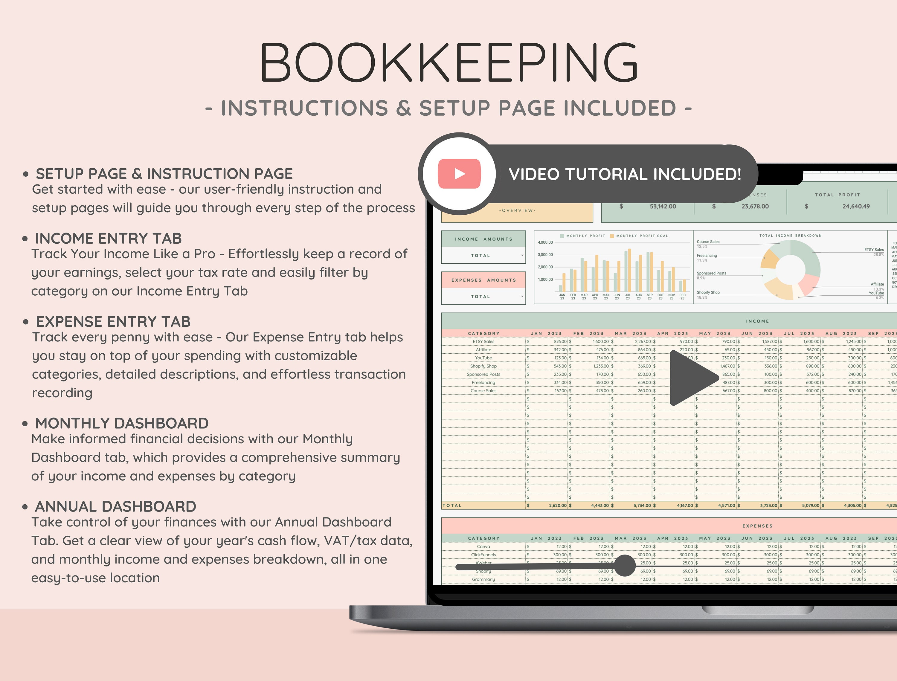 Small Business Bookkeeping Template: Easy Income and Expense Tracking ...