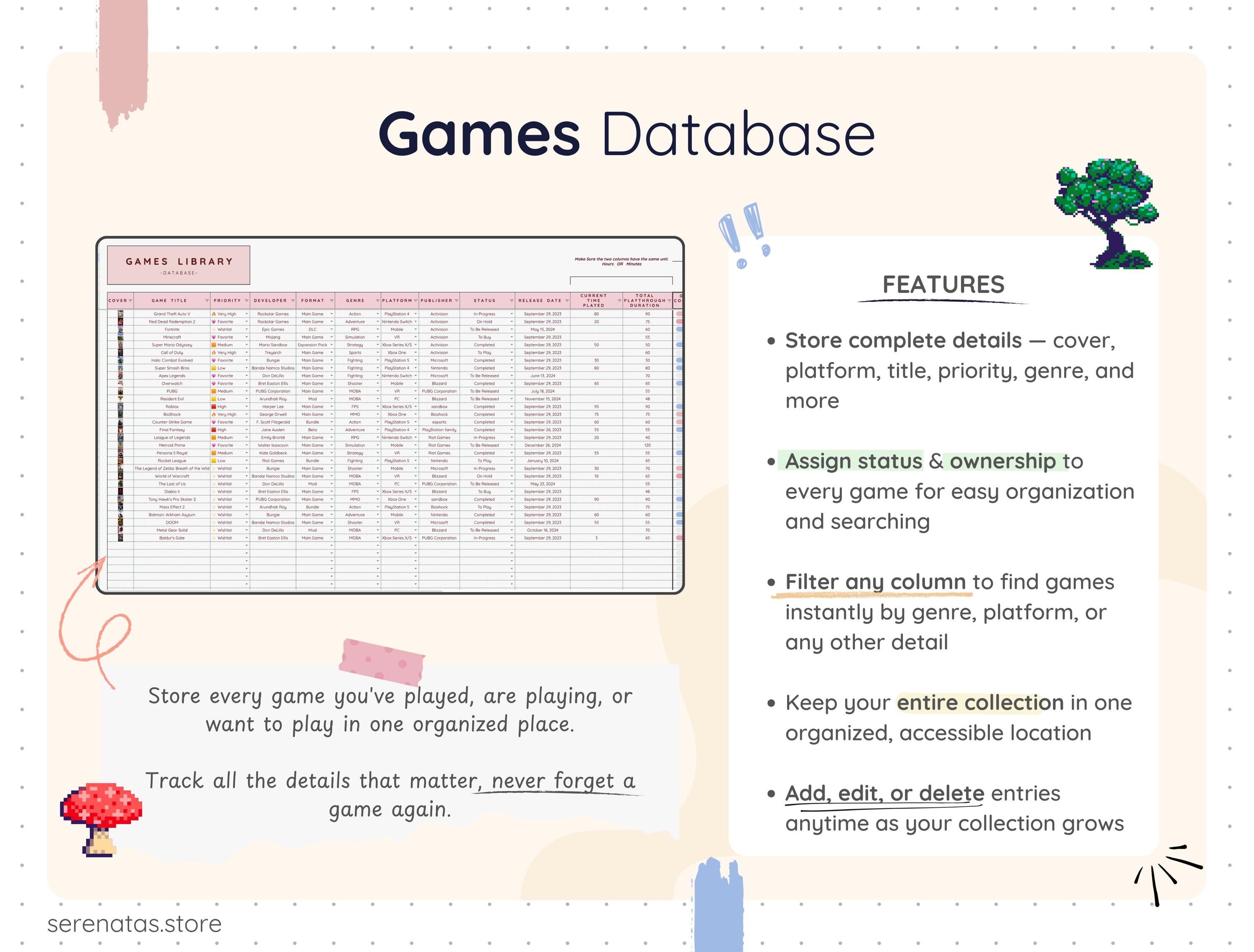 Gaming Tracker Spreadsheet Google Sheets Game Log Progress Planner ...