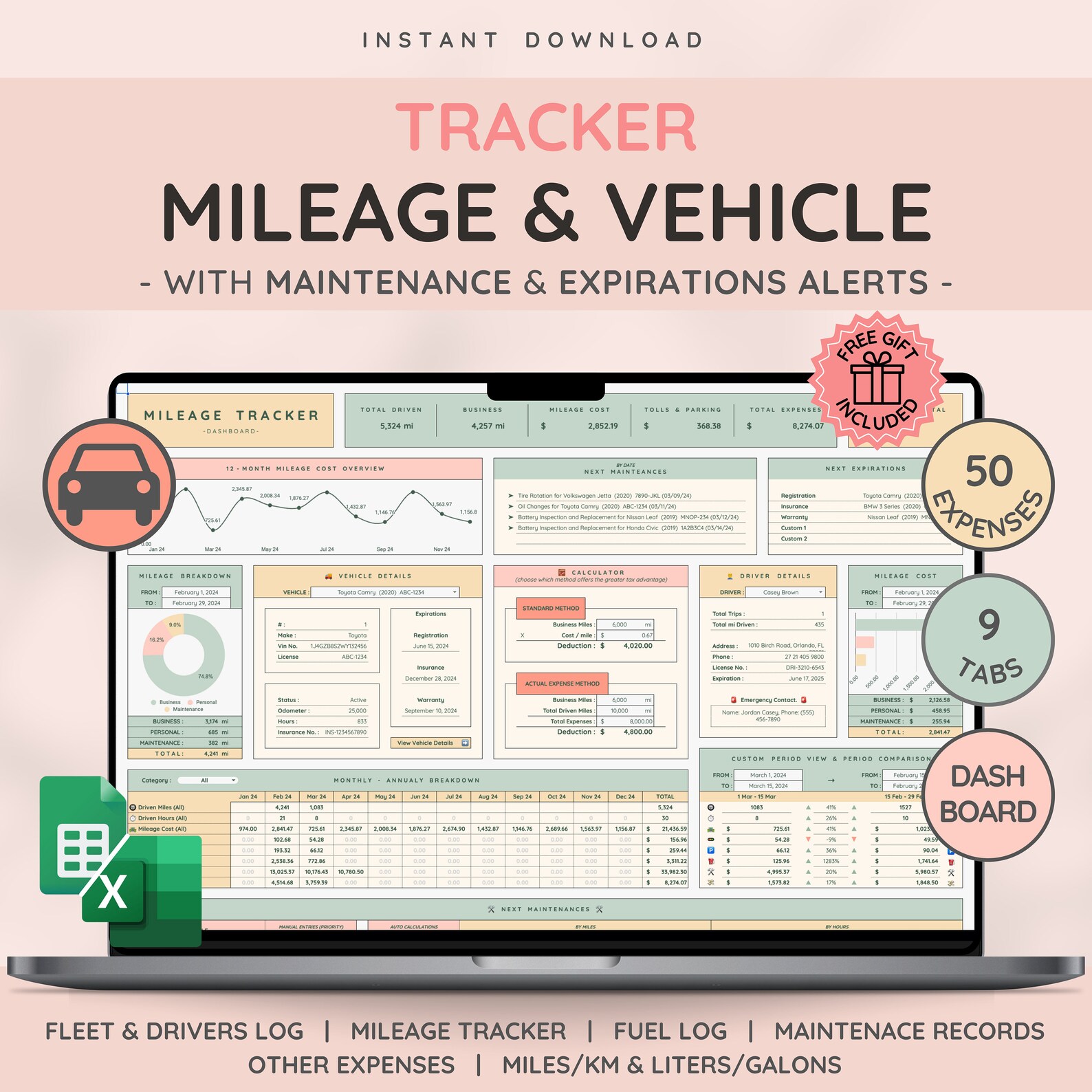 Vehicle & Mileage Tracker Log With Expenses, Fuel, Maintenance Tracker ...